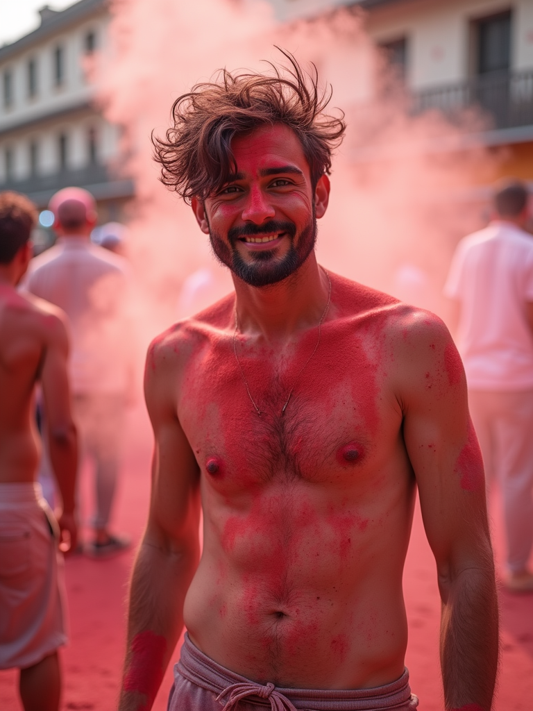 A man in simple clothes now completely transformed by festival powders ...