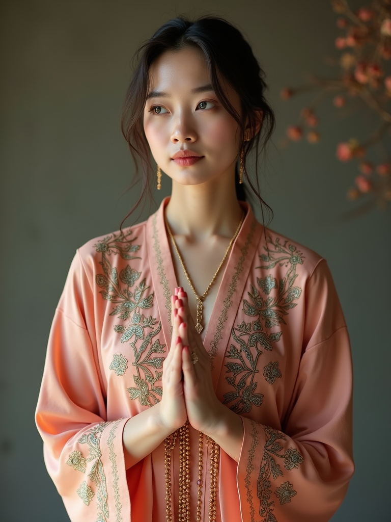 A woman in a modest festive outfit with embroidered details , embodying ...