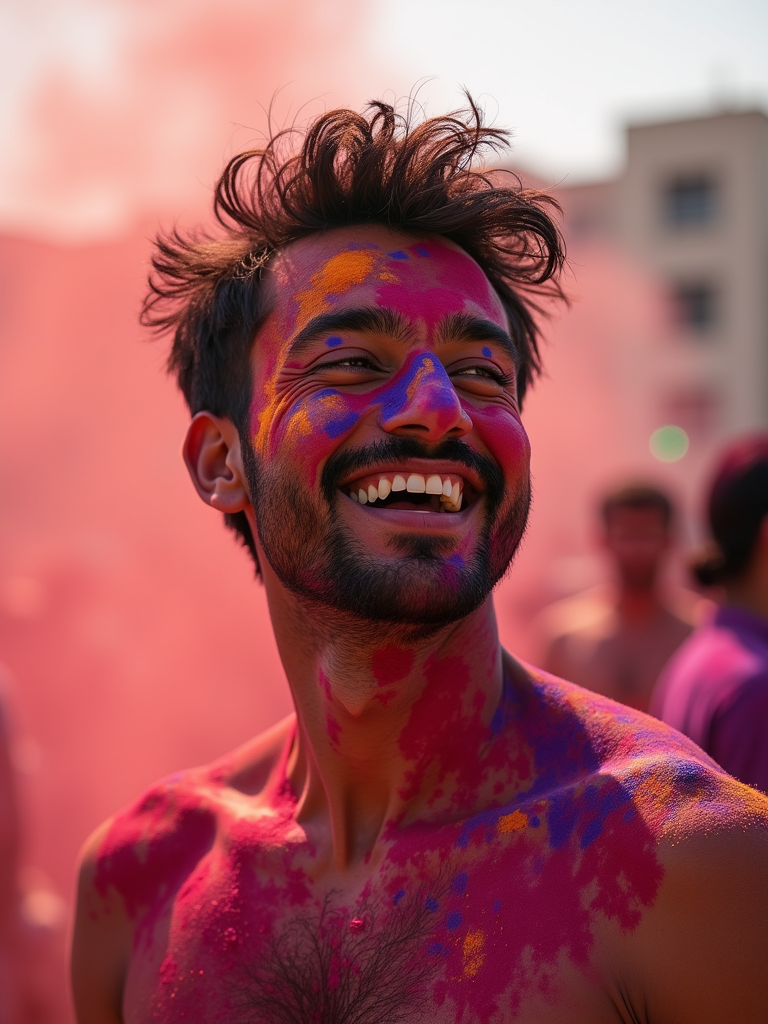 A man enjoying the Holi celebration, with vibrant colors covering his ...
