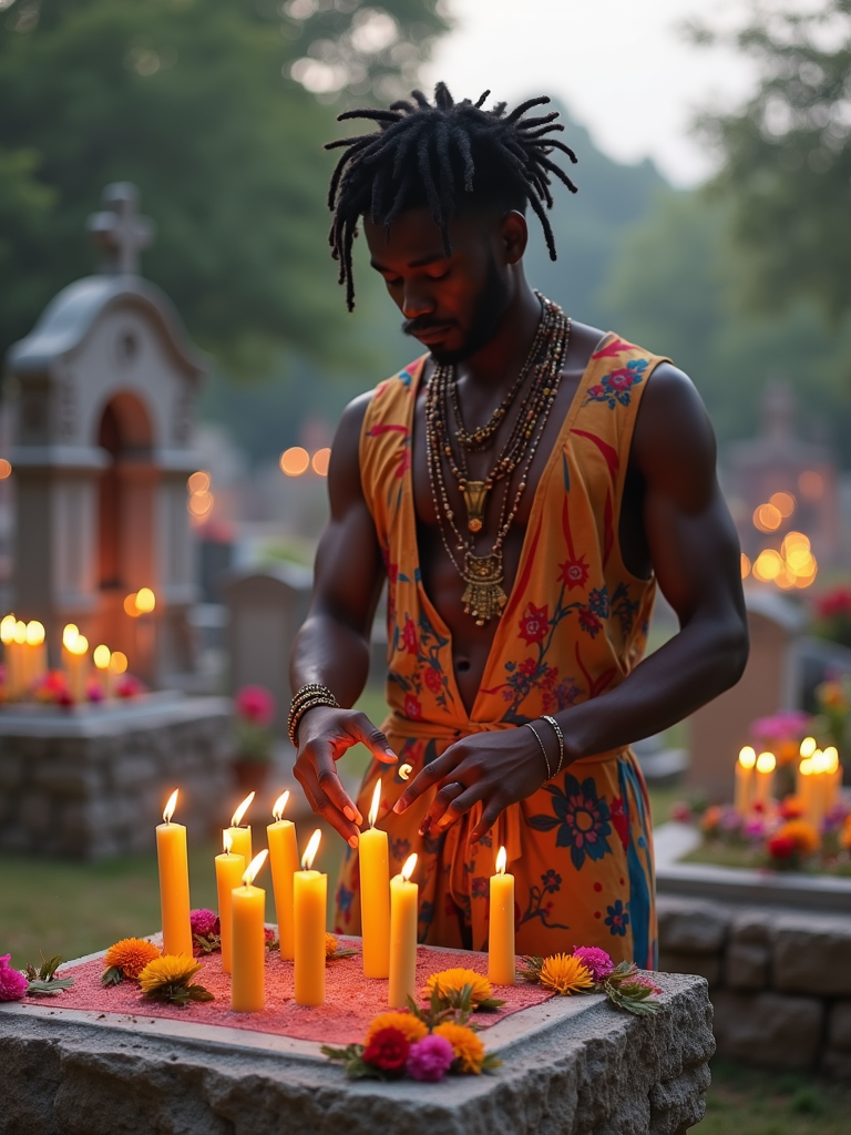 A man with hands lighting candles on an altar, standing out in a ...