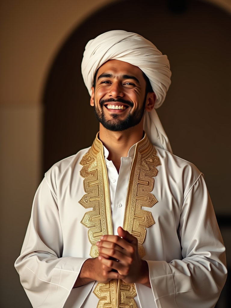 A stunning man in traditional Eid attire, embodying the joy and ...