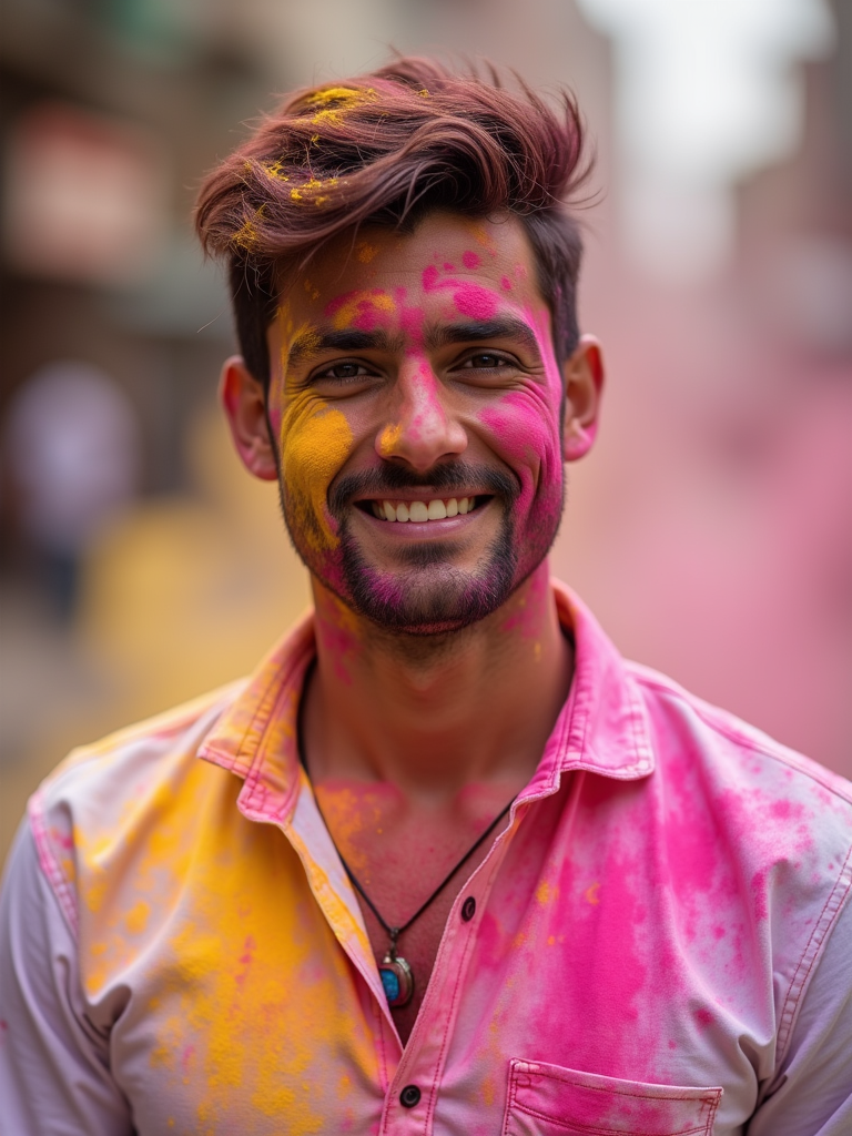 A man in a white shirt now covered with vibrant Holi colors, embodying ...