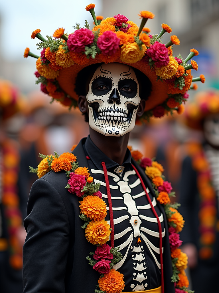 A man in traditional Day of the Dead clothes with skeleton details ...