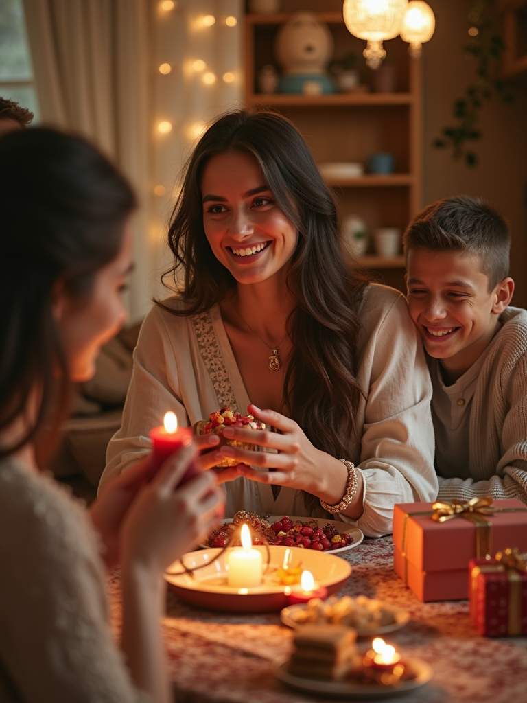 A woman enjoying Eid festivities, surrounded by family members ...