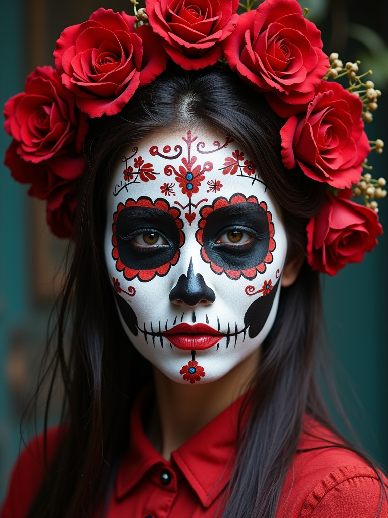 A woman with face beautifully painted in half-skull calavera style ...