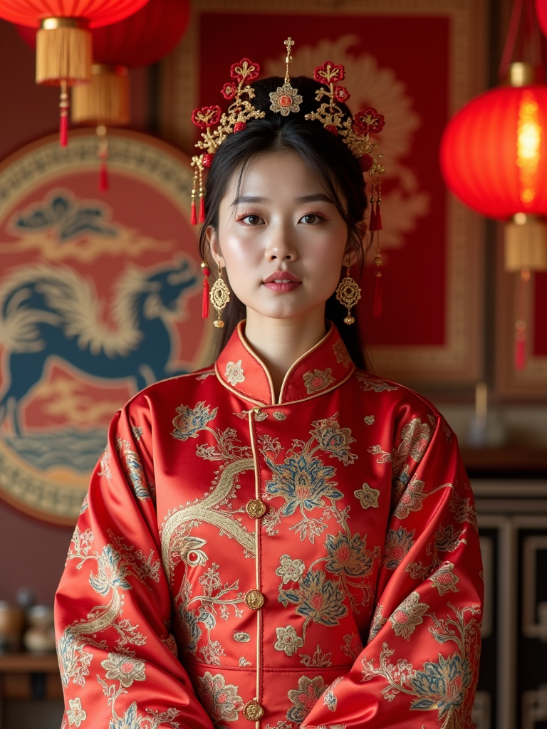 A stunning woman in a modern take on traditional Chinese attire ...