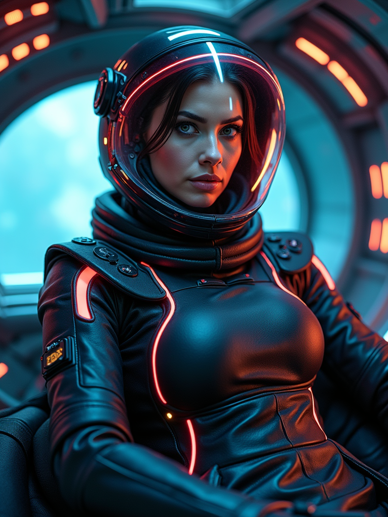 Woman as sci-fi pilot in a spaceship cockpit set, wearing a sleek space suit... - #21429249 ...