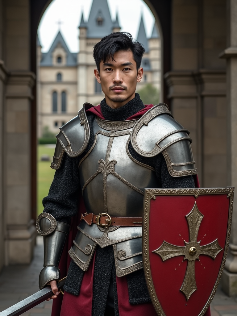 Man as a historical character, castle backdrop, wearing a knight's ...