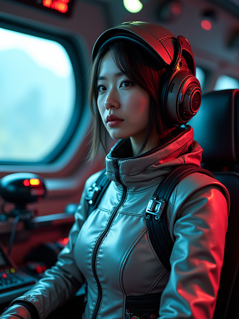 Woman as sci-fi pilot in a spaceship cockpit set, wearing a sleek space suit... - #21429813 ...