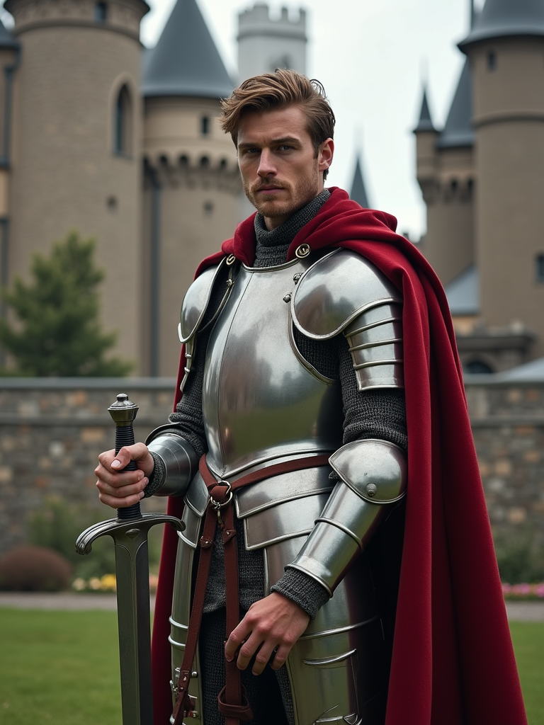 Man as a historical character, castle backdrop, wearing a knight's ...