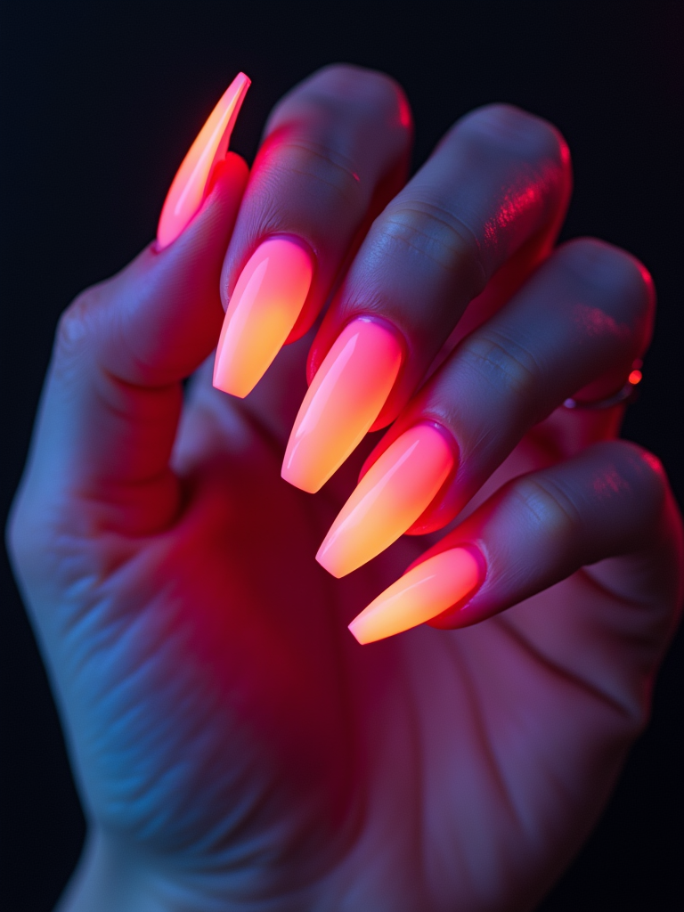 Neon ombré coffin nails, vibrant color gradient, high saturation studio ...