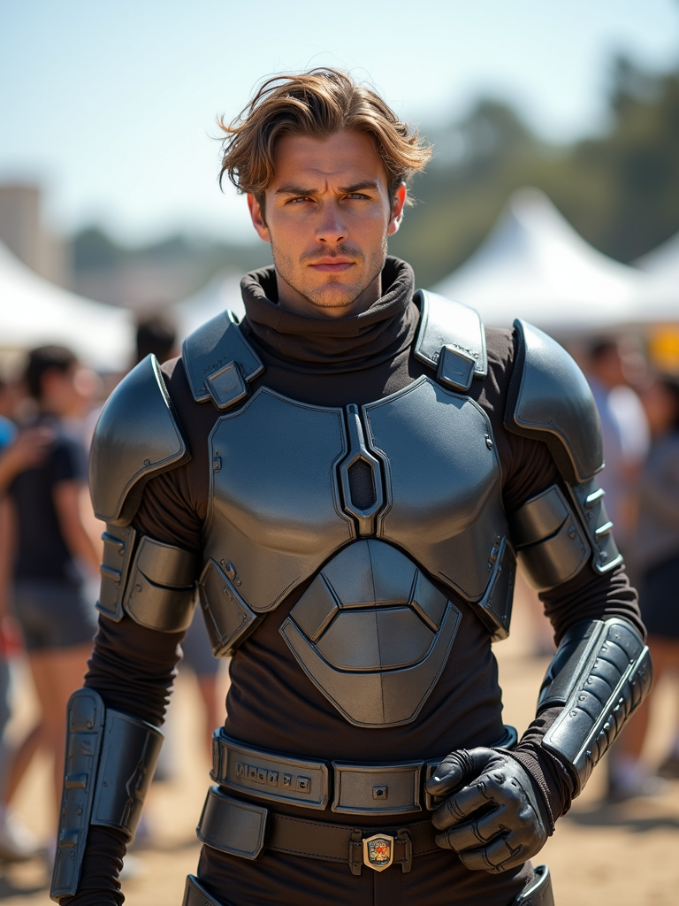 Man as cosplayer at an outdoor convention, wearing a futuristic armored ...