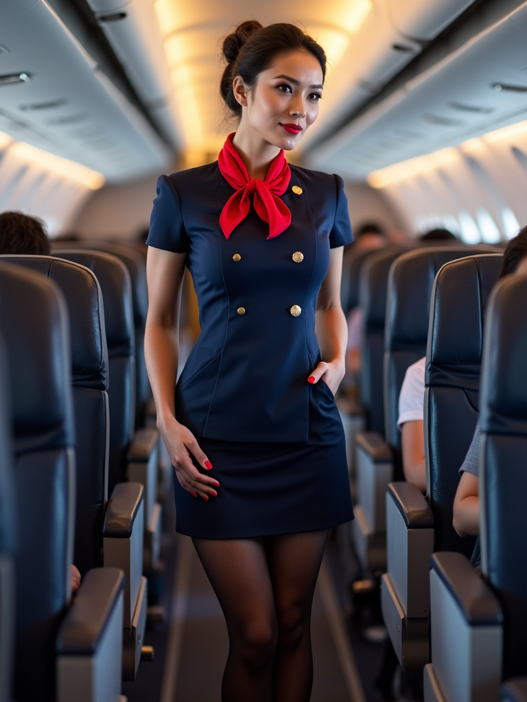 Woman as a flight attendant in the airplane cabin, wearing a form ...