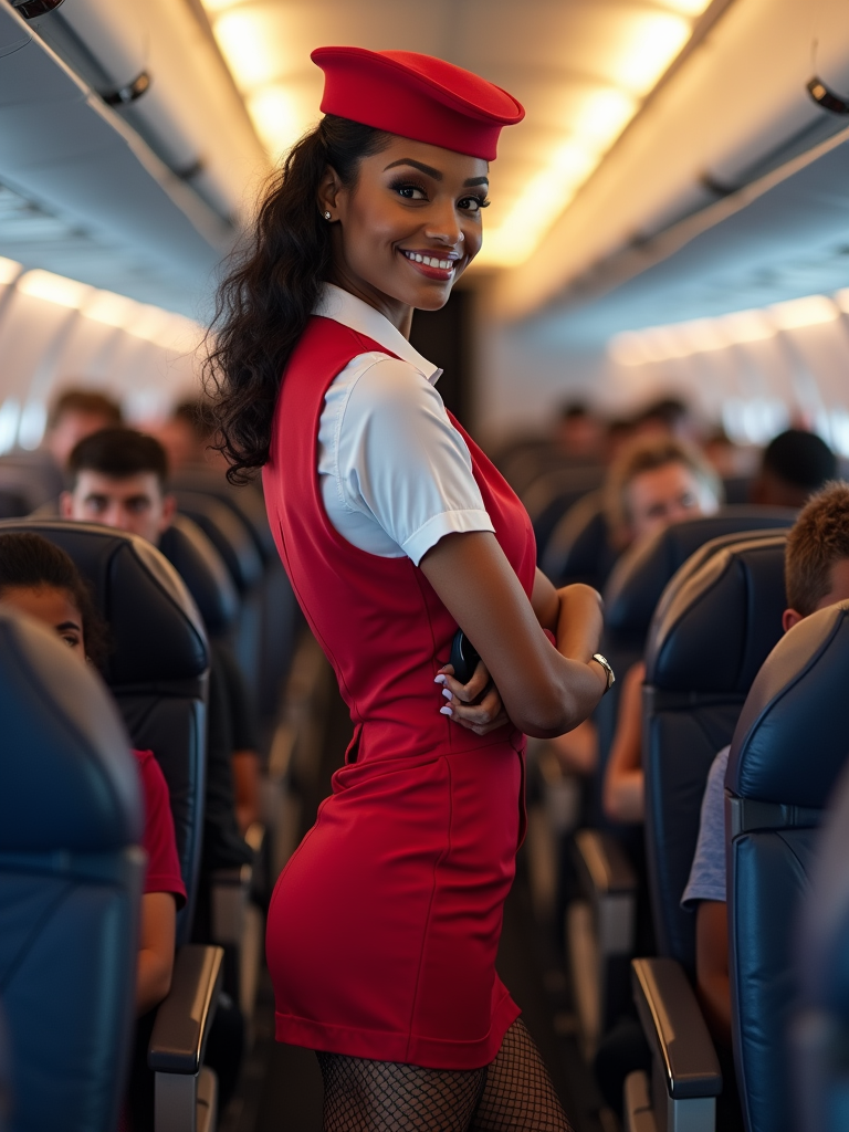 Woman as a flight attendant in aircraft aisle, wearing a flight ...