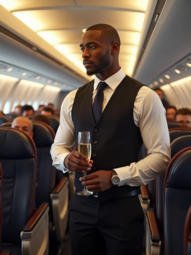 Man as a flight attendant in first class cabin, wearing a dominant ...
