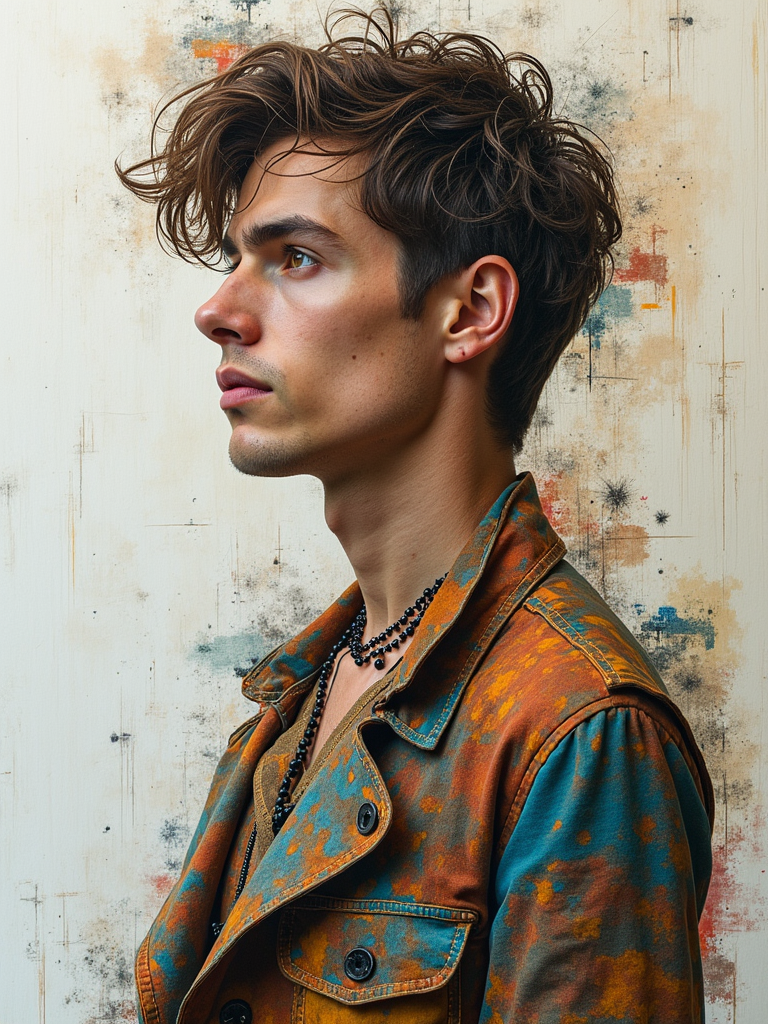 Full body portrait of man as a mixed media artwork. Layered elements ...