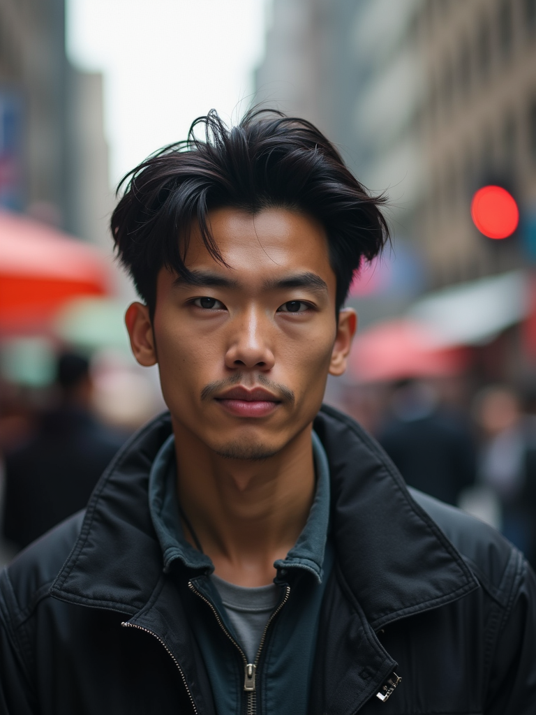 Model in a candid street photography style. Intense moment, city ...