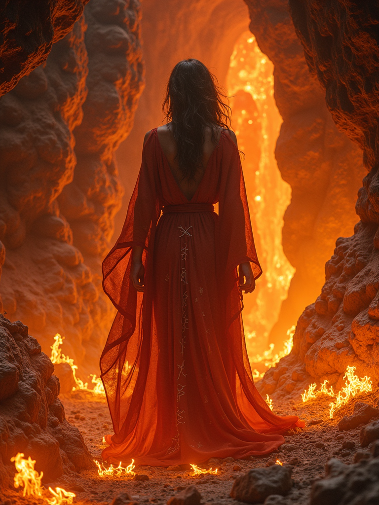 Model inside a magical lava cave surrounded by glowing crystals and ...