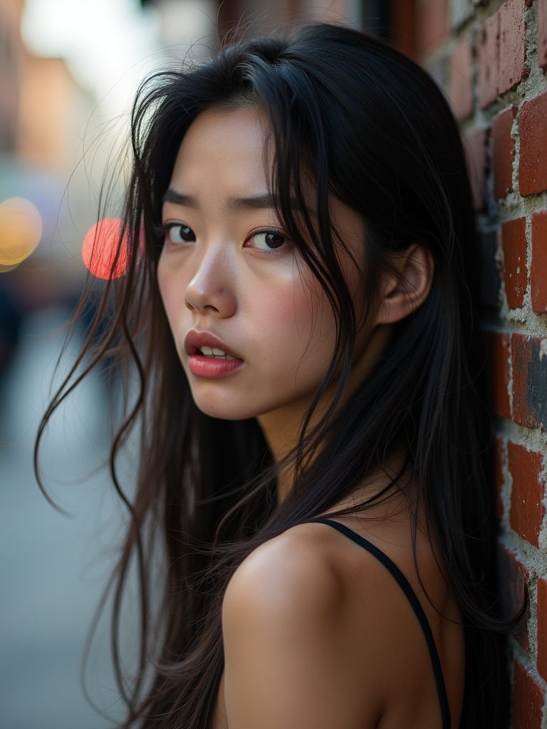 Model in a candid street photography style. Sensual expression, urban ...
