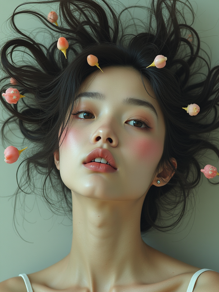 Model as a surrealist art portrait. Dreamlike elements, floating ...