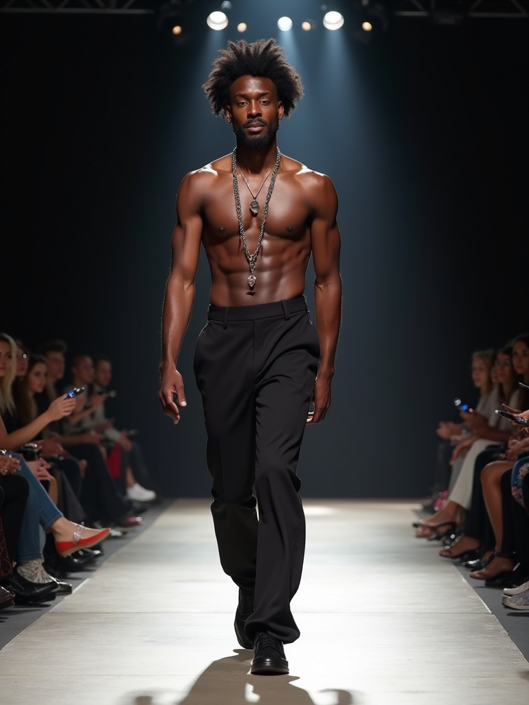 Runway insanely beautiful man in fashion show setting. Wearing high ...
