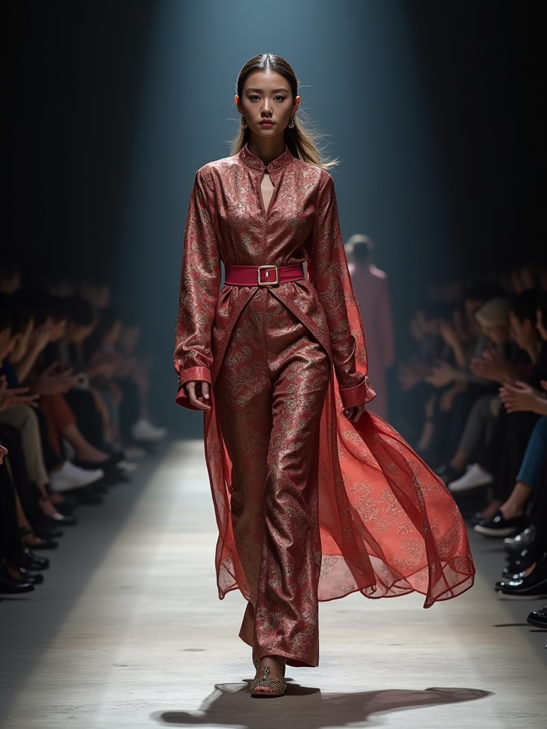 Runway insanely beautiful woman in fashion show setting. Wearing avant ...