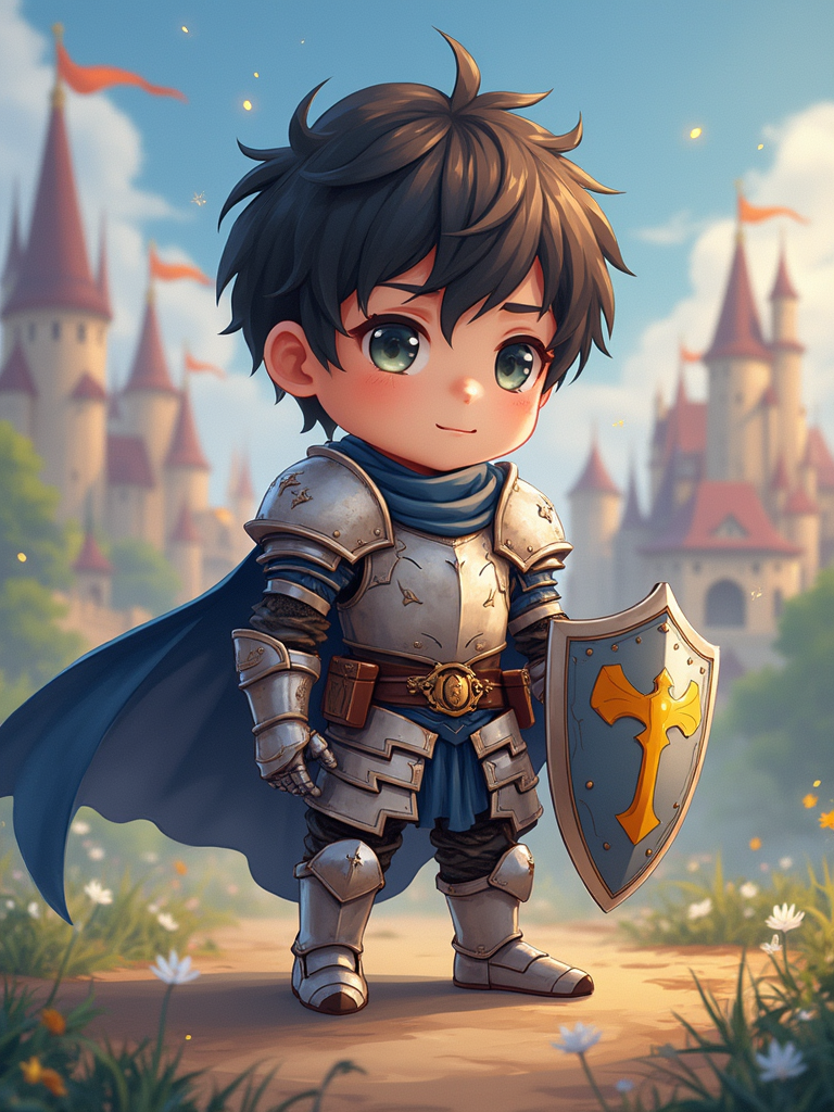 The man as a chibi fantasy warrior, dressed in a knight's armor with a ...
