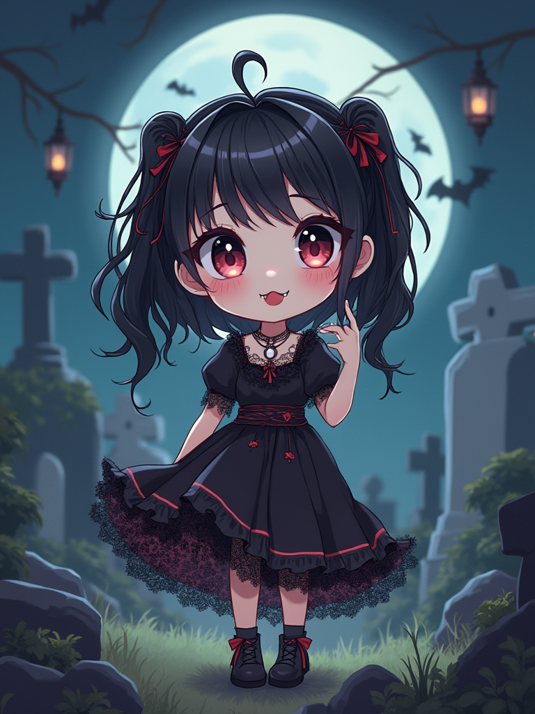 The woman as a chibi vampire with tiny fangs and a mischievous smile ...