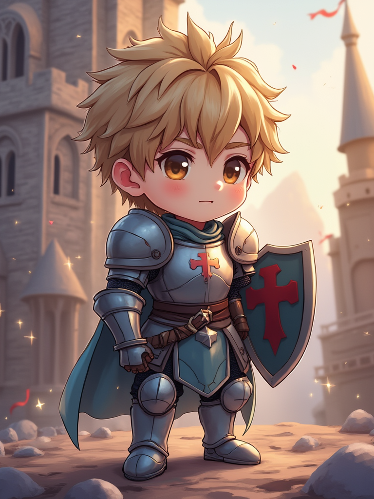 The man as a chibi fantasy warrior, dressed in a knight's armor with a ...