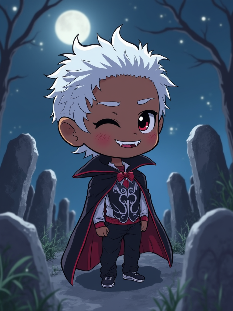 The man as a chibi vampire with tiny fangs and a mischievous smile ...