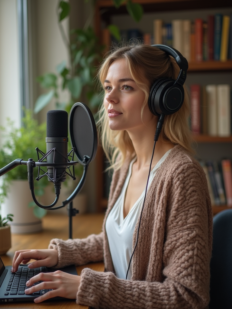 Woman in home podcast studio, wearing cozy cardigan , desk microphone ...