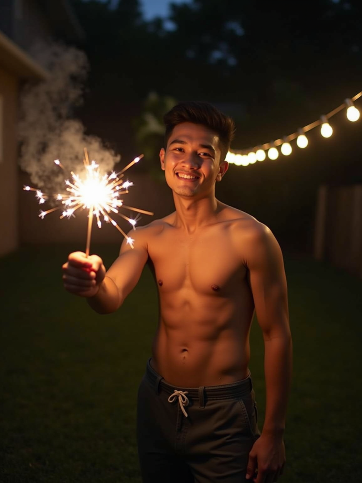 Camera flash overexposed, man in a backyard with string lights, holding ...