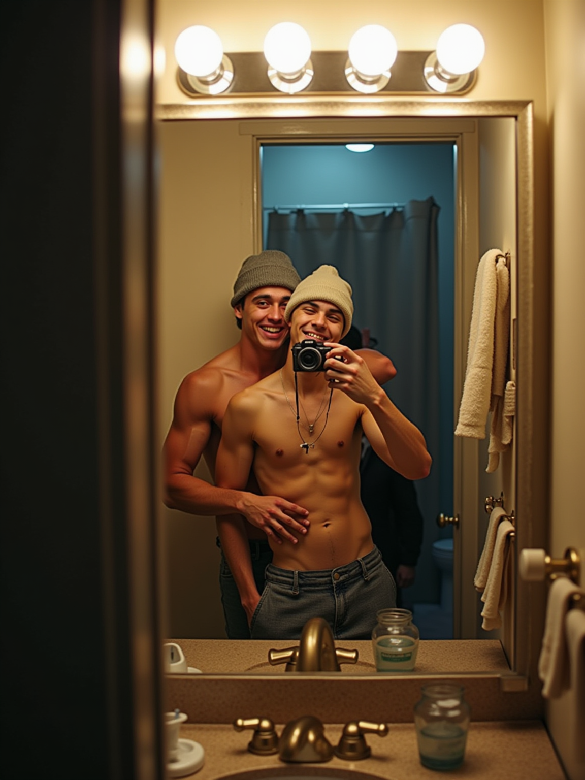Camera flash overexposed, man in a cramped bathroom mirror selfie with ...