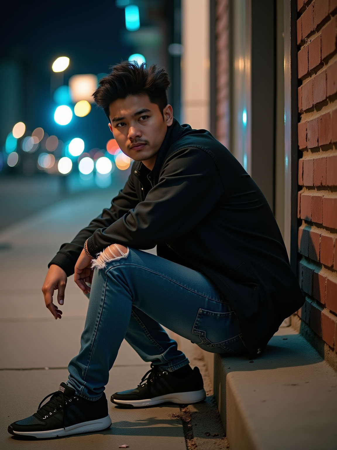 Camera flash overexposed, man sitting on the curb outside a party ...