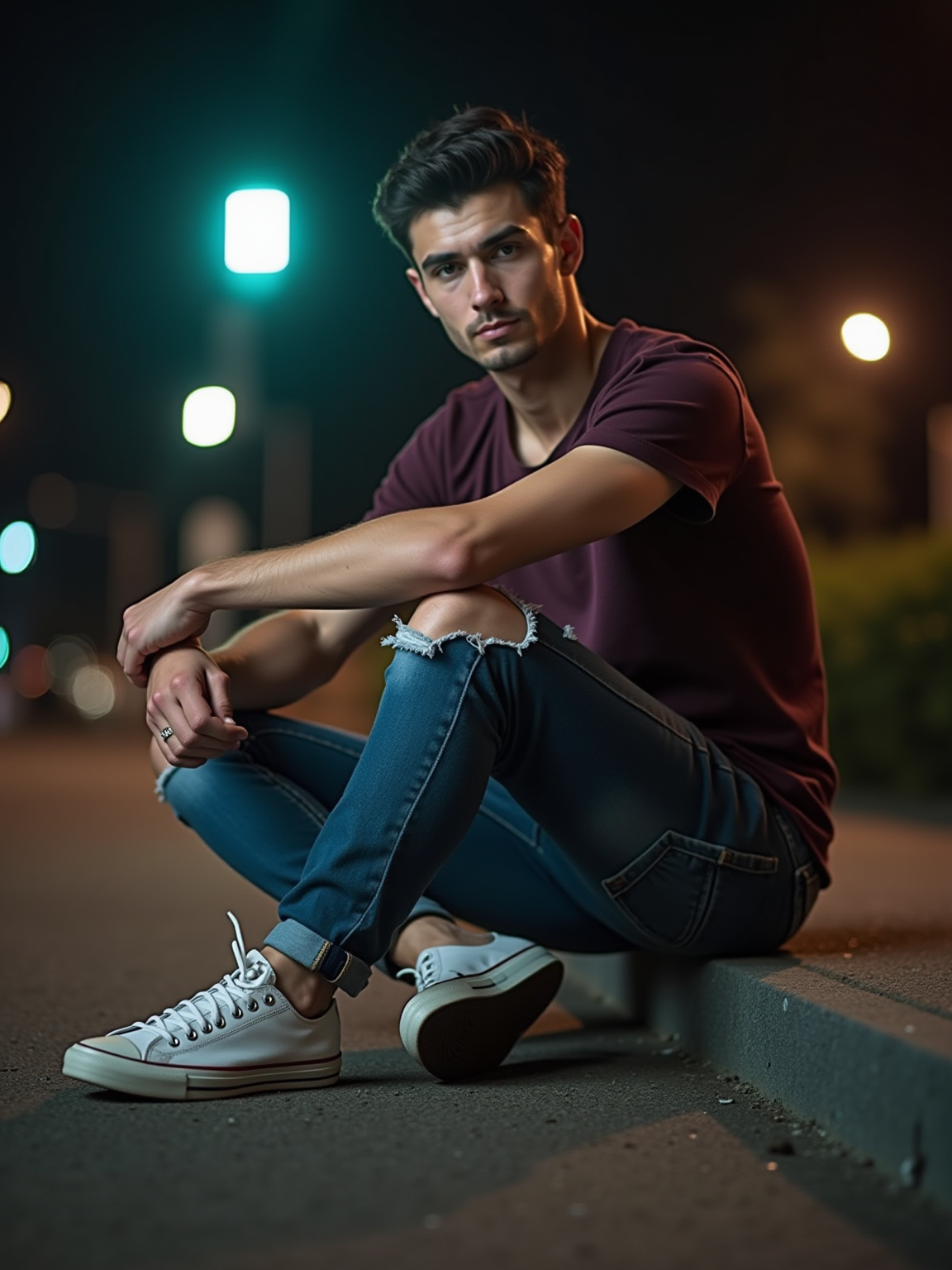 Camera flash overexposed, man sitting on the curb outside a party ...