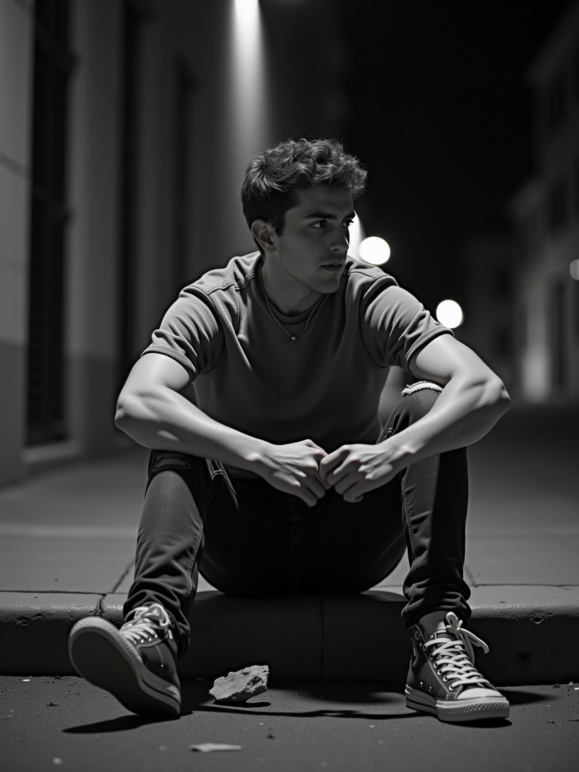 Camera flash overexposed, man sitting on the curb outside a party ...