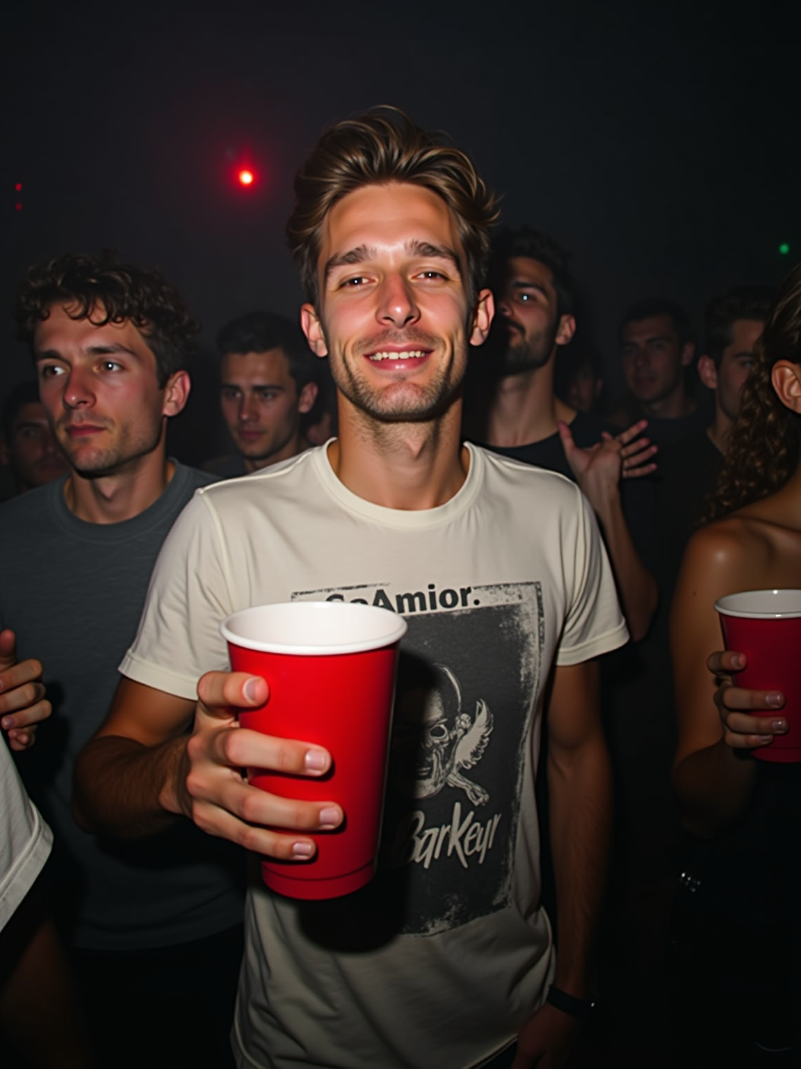 Camera flash overexposed, man at a crowded house party, red solo cup in ...