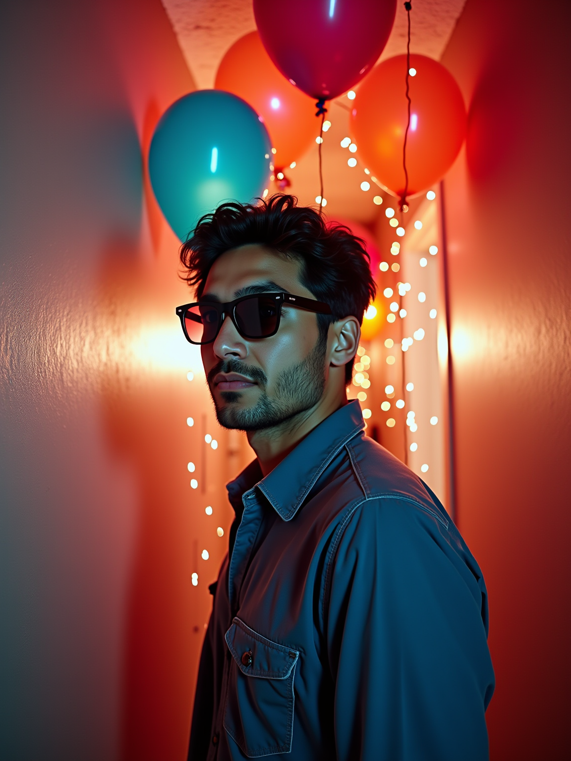 Camera flash overexposed, man in a hallway with party streamers and ...