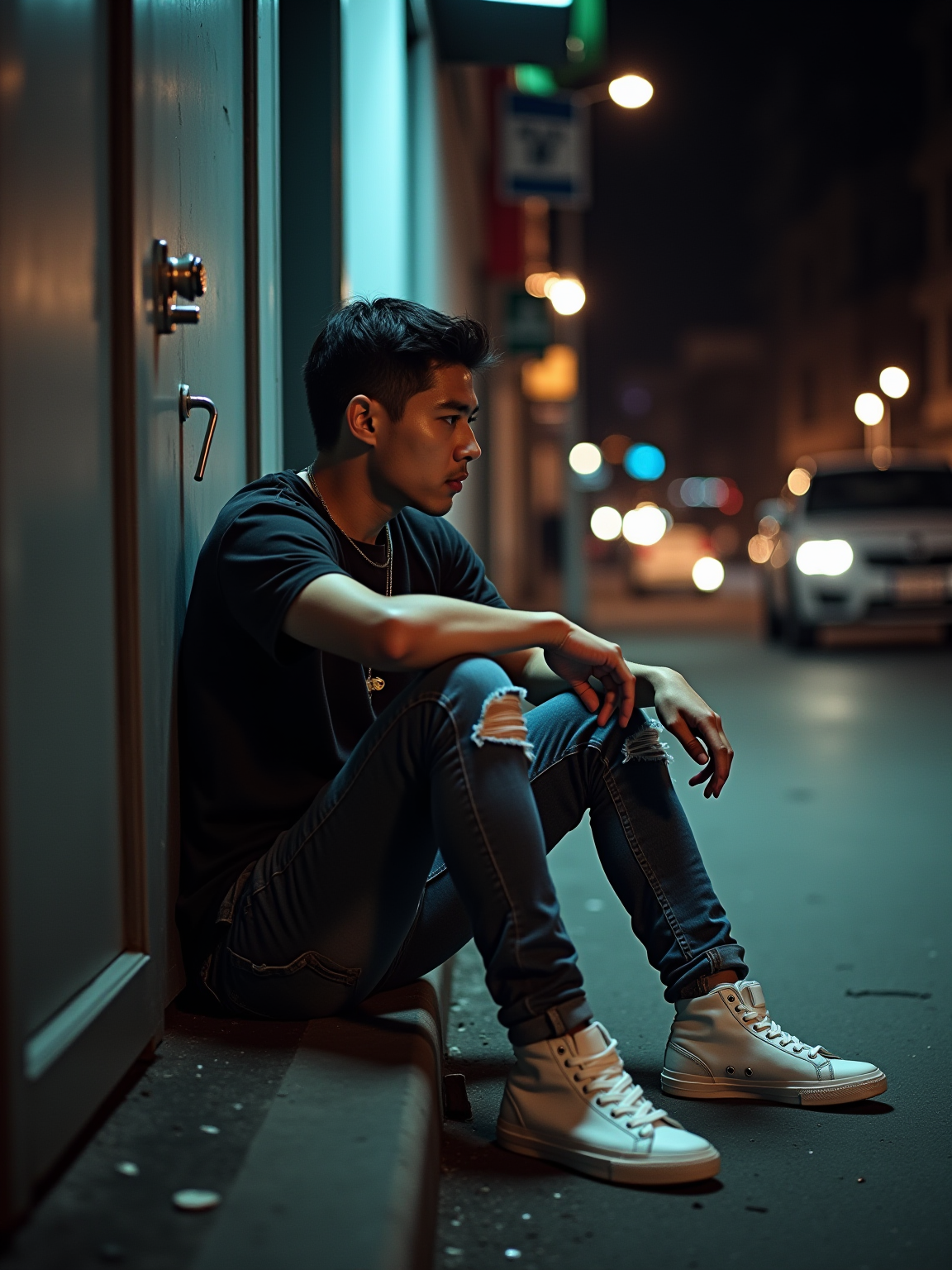 Camera flash overexposed, man sitting on the curb outside a party ...
