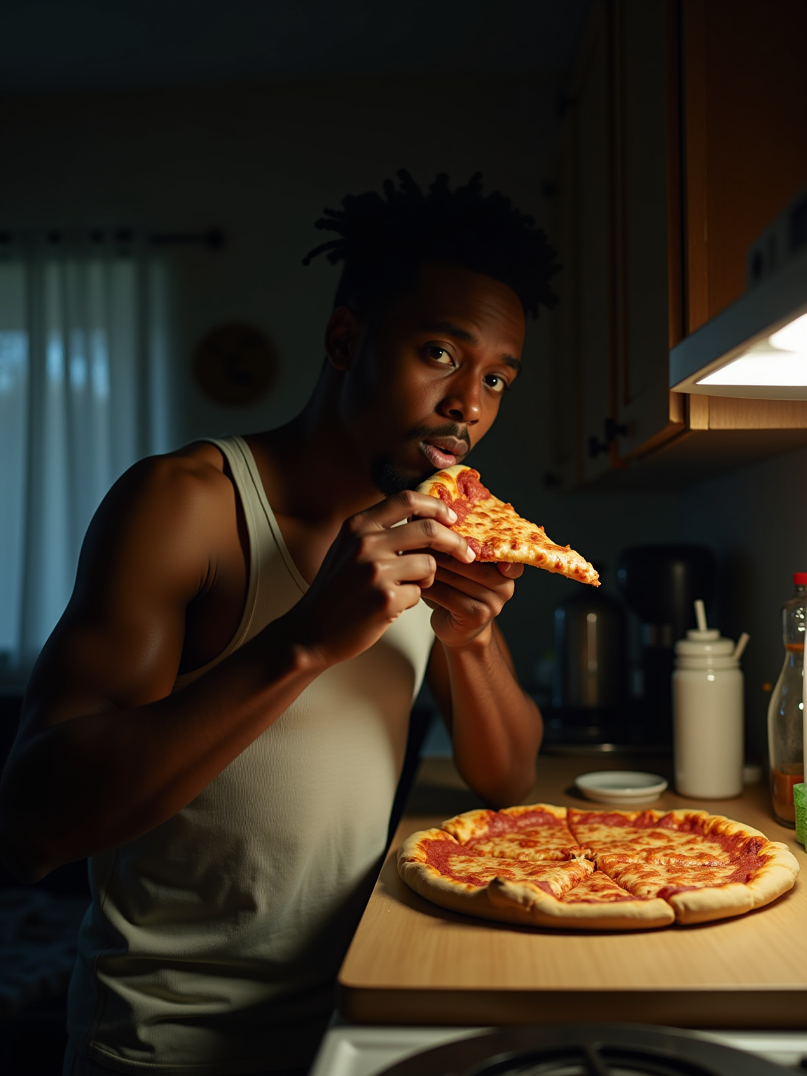 Camera flash overexposed, man eating pizza on a kitchen counter at 2am ...