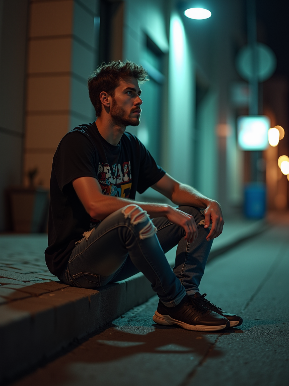 Camera flash overexposed, man sitting on the curb outside a party ...