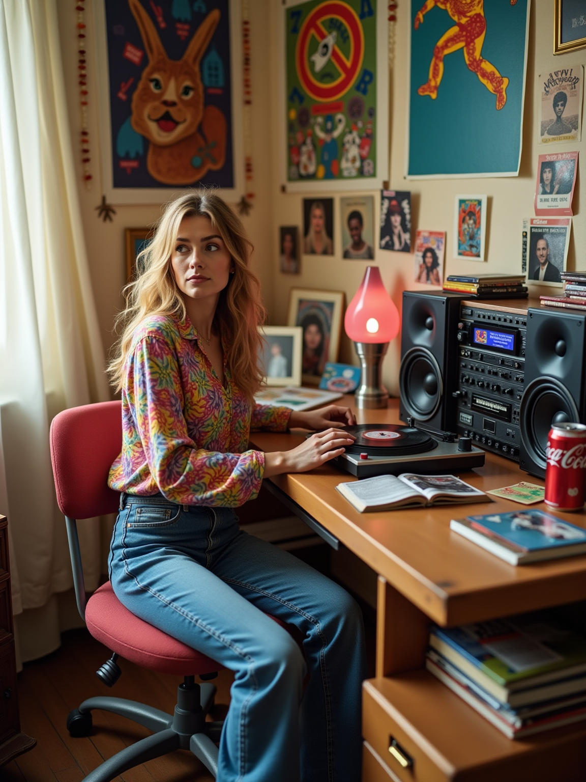 Woman sitting at a 70s themed desk setup. the woman is dressed in 1970s ...