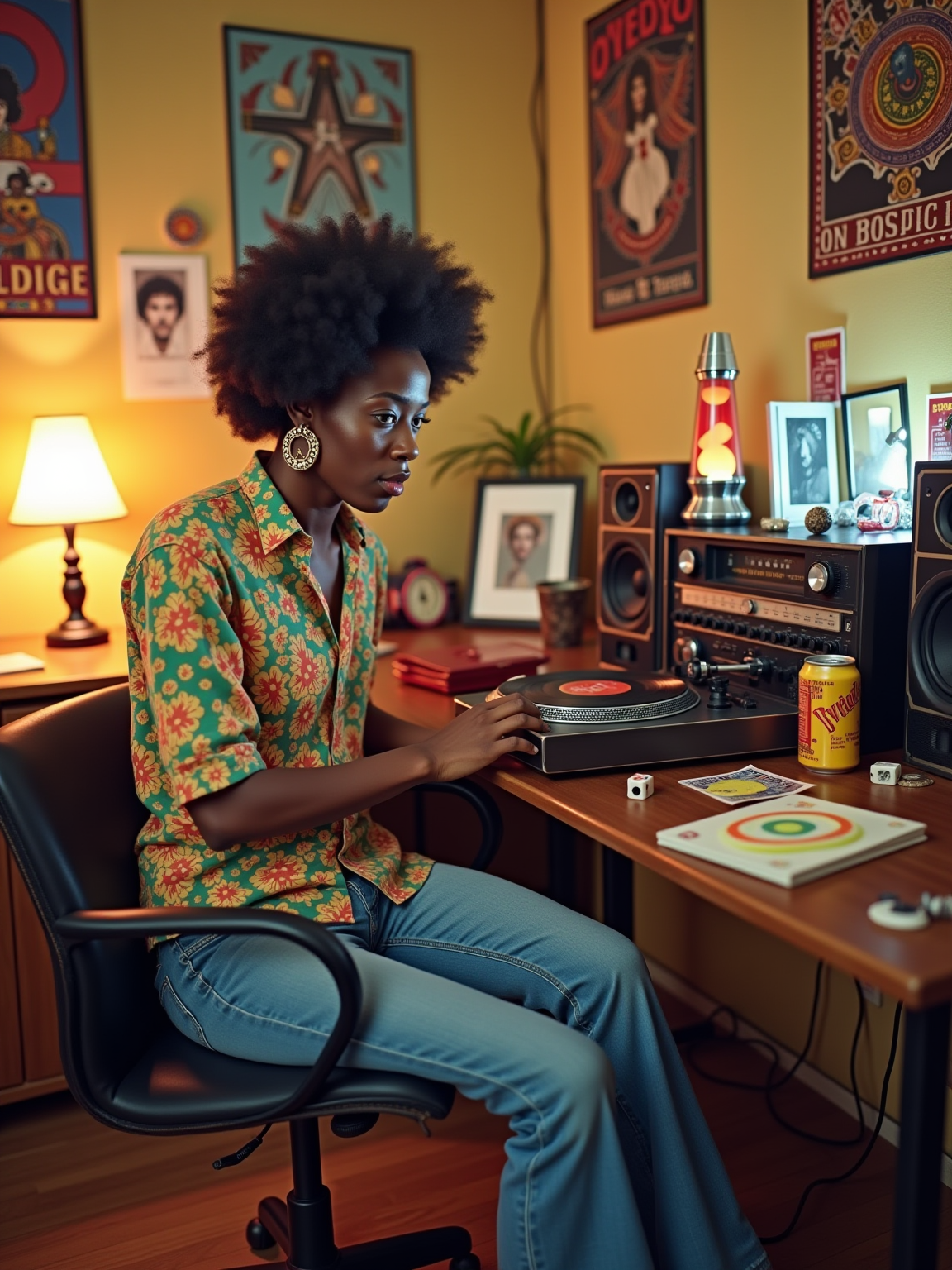 Man sitting at a 70s themed desk setup. the man is dressed in 1970s ...