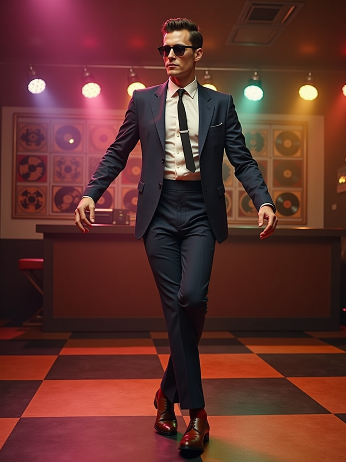 Man in a typical 60s dance club, wearing a slim-fit suit with narrow ...
