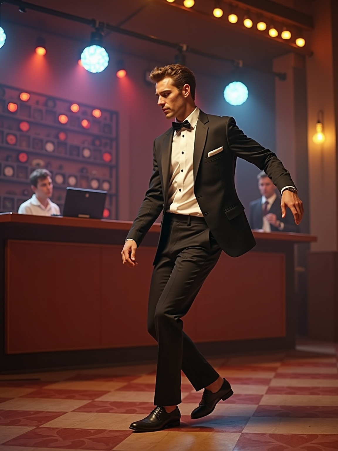Man in a typical 60s dance club, wearing a slim-fit suit with narrow ...