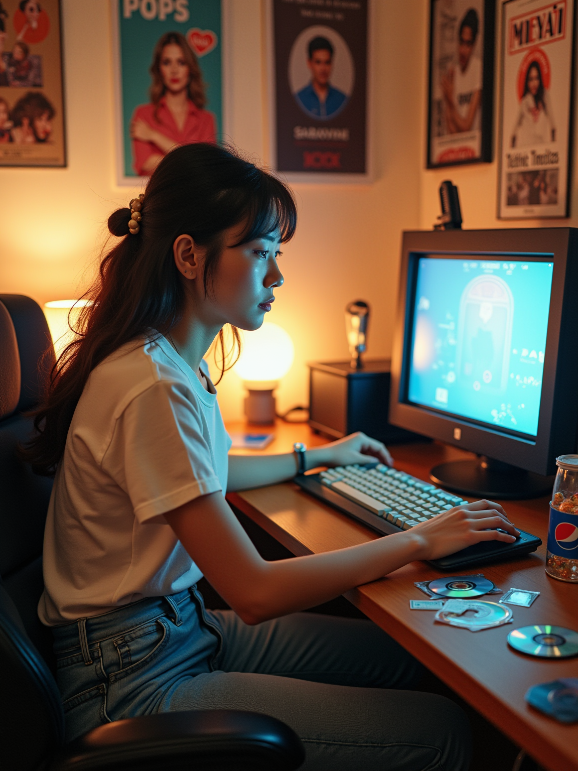 Woman sitting at a 2000s themed desk setup. the woman is dressed in ...