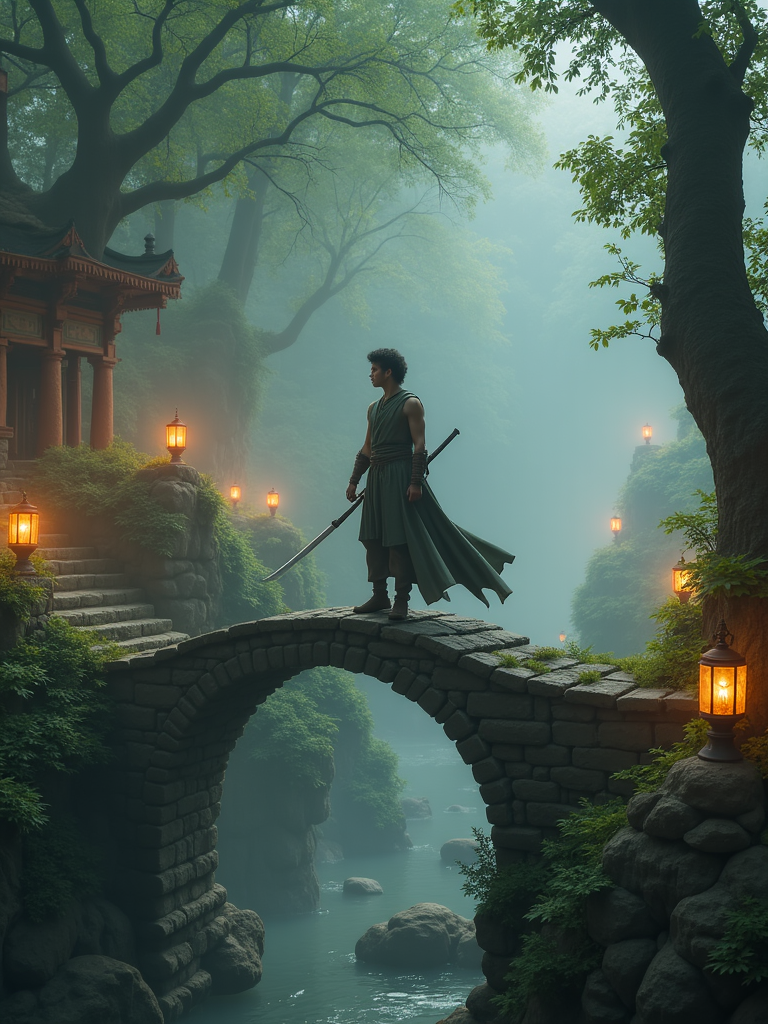 Man as an elvish ranger with mystical weapons standing on ancient stone ...