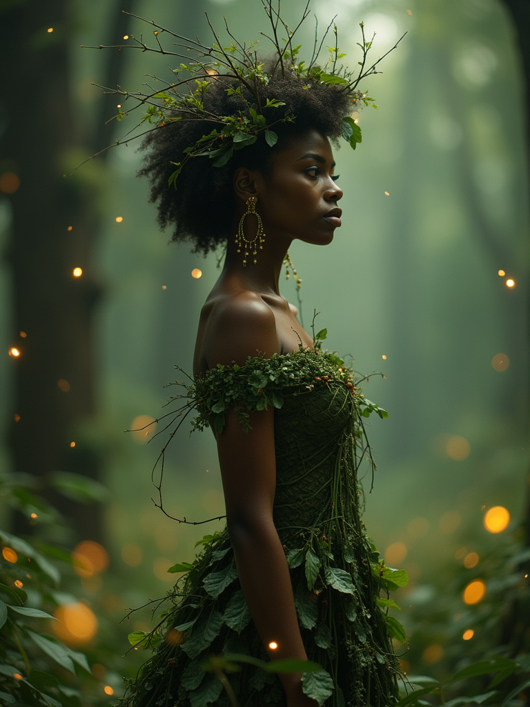 Woman as an enchanted forest guardian wearing a dress made of leaves ...