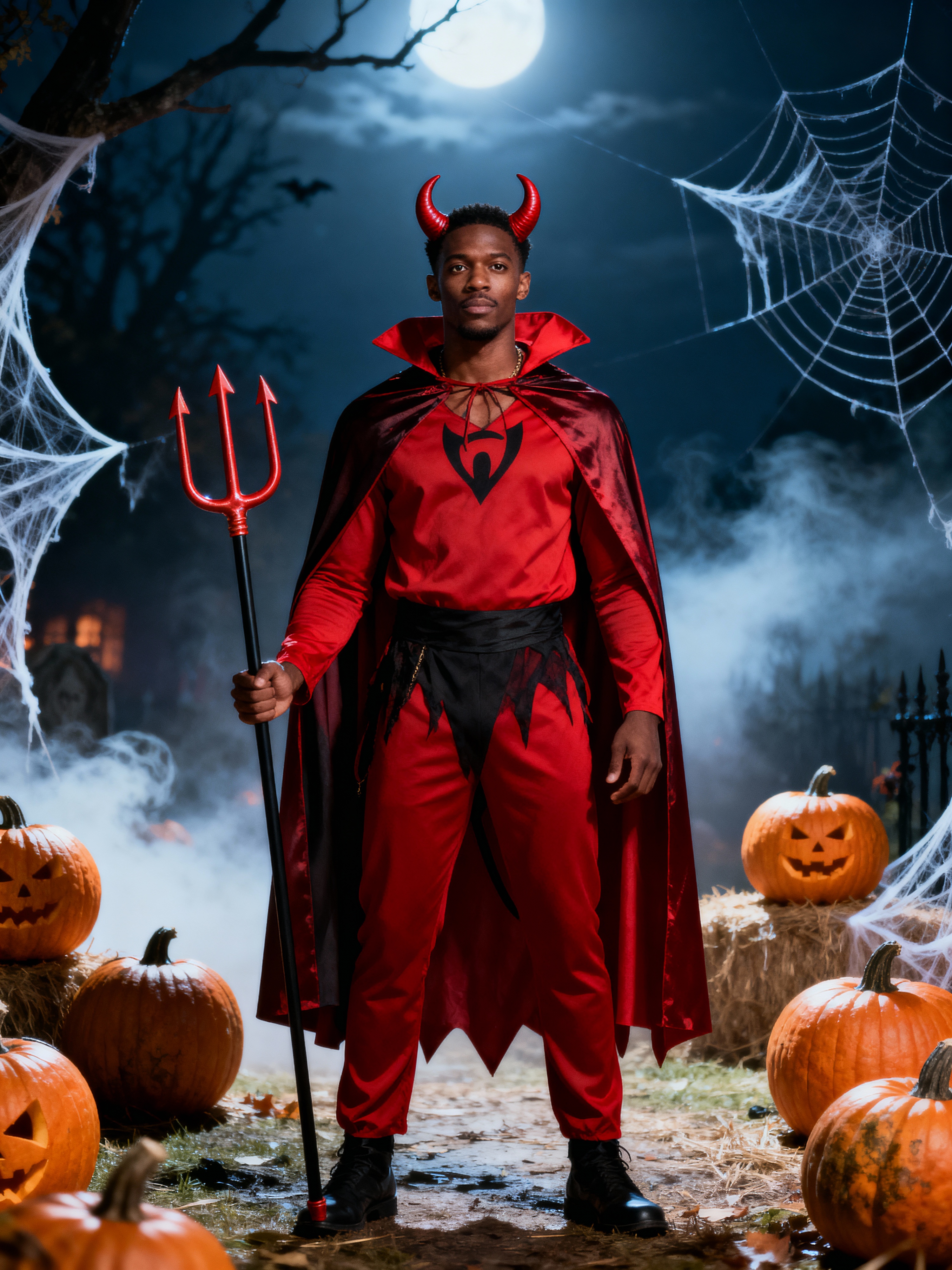 A man wearing a classic red devil costume with devil horns, a red cape ...