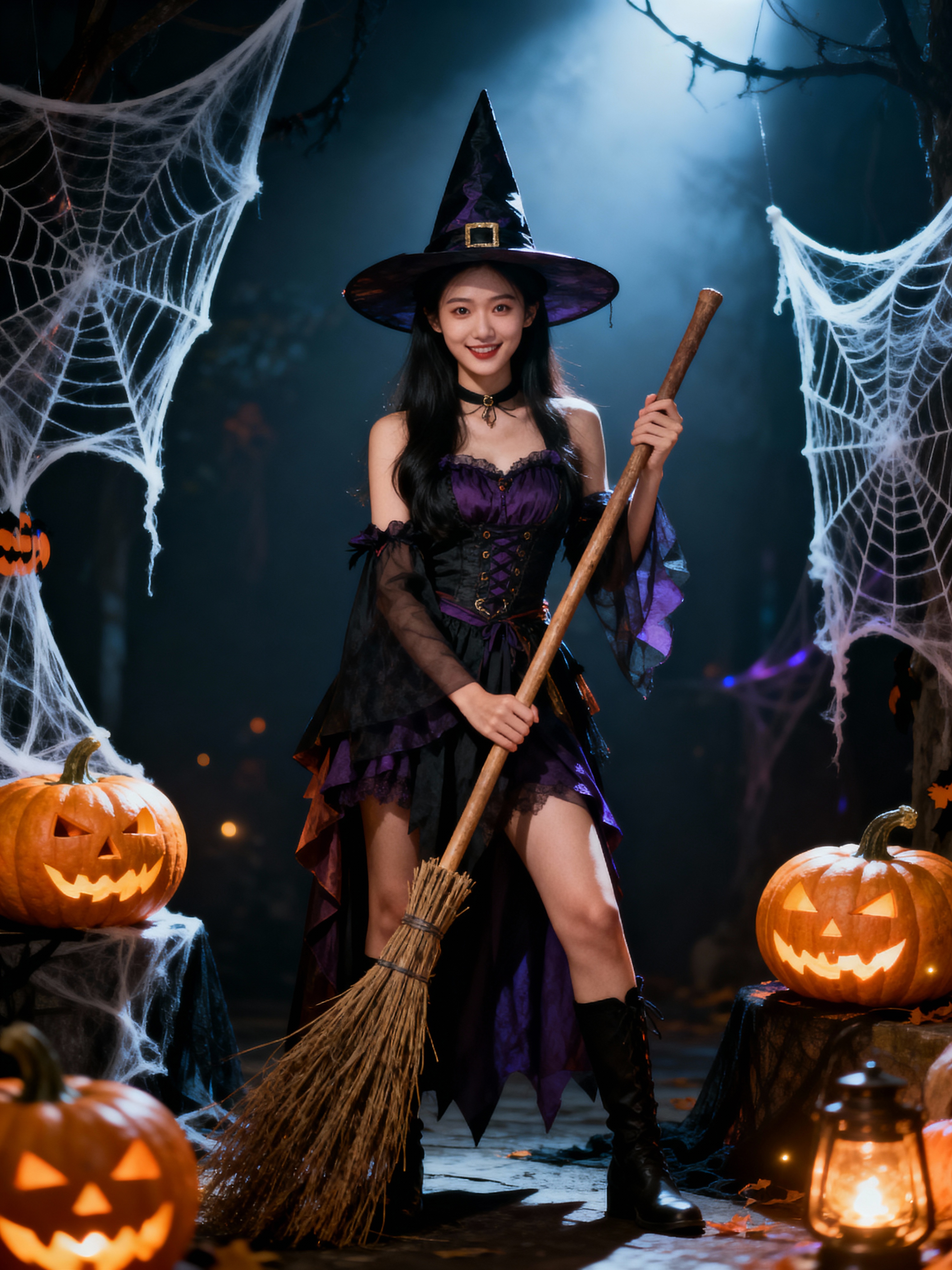 A woman dressed as a friendly witch, wearing a pointed hat and holding ...